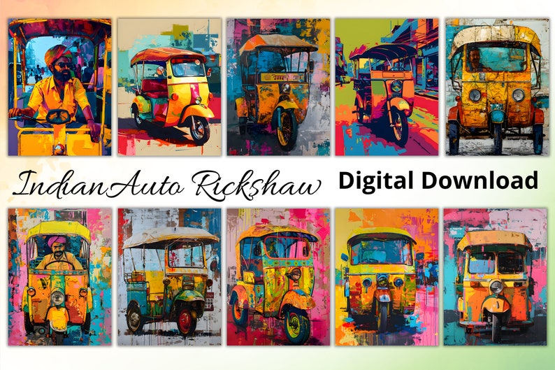 Set of 10 Indian Rickshaw Wall Art Printable Rickshaw Canvas Art Tuk ...
