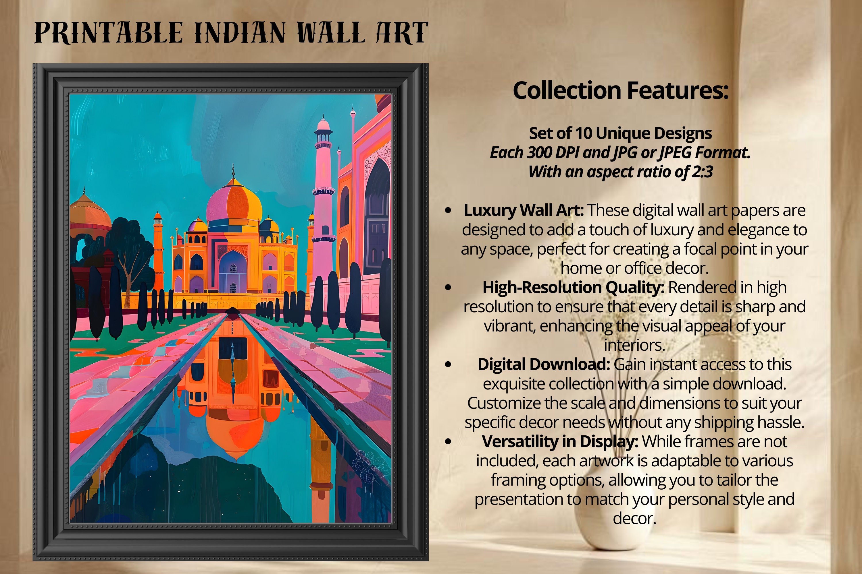 Set of 10 Indian Wall Art Download Pink City Wall Decor Jaipur Digital ...