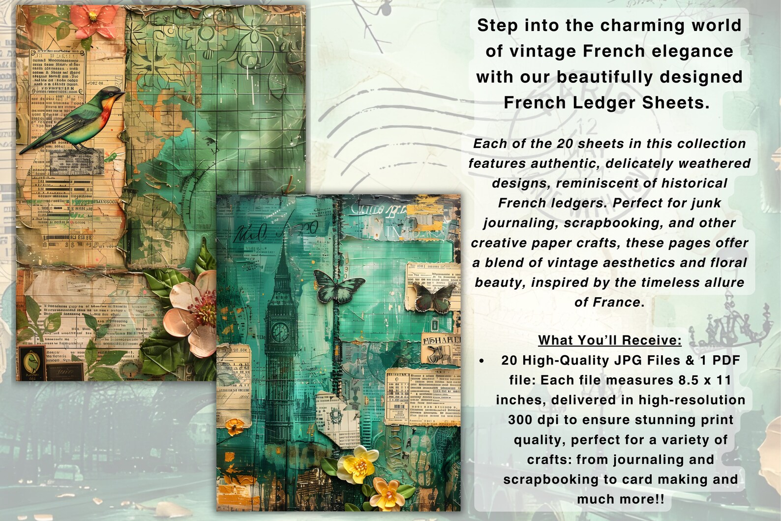 Green Scraps Papers French Ledger Papers Printable Old Papers Spring ...