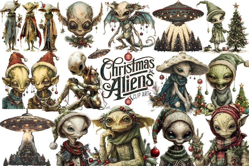 COMMERCIAL USE Alien Christmas Clip Art Vintage Aliens Clip Art Alien ...