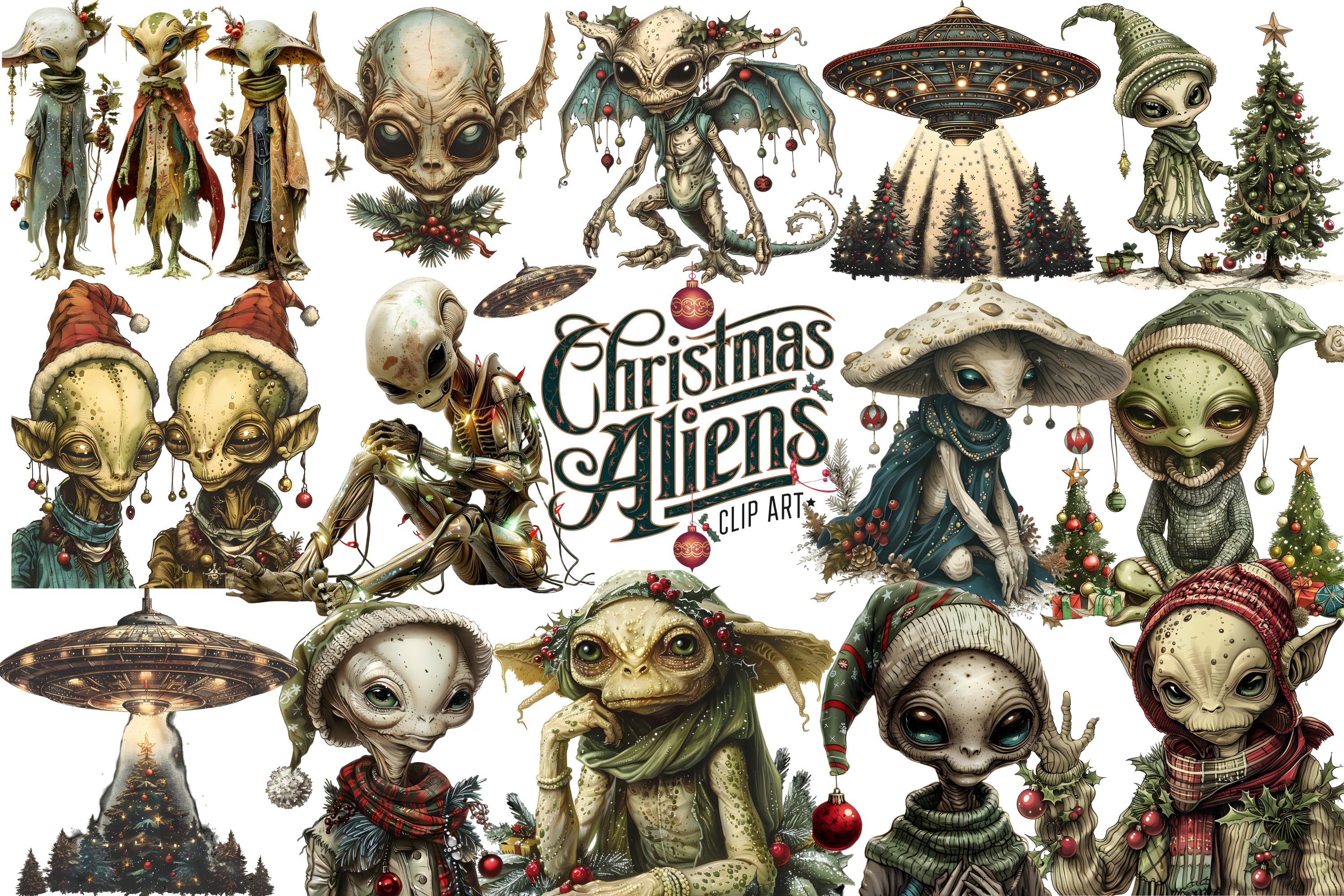 COMMERCIAL USE Alien Christmas Clip Art Vintage Aliens Clip Art Alien ...