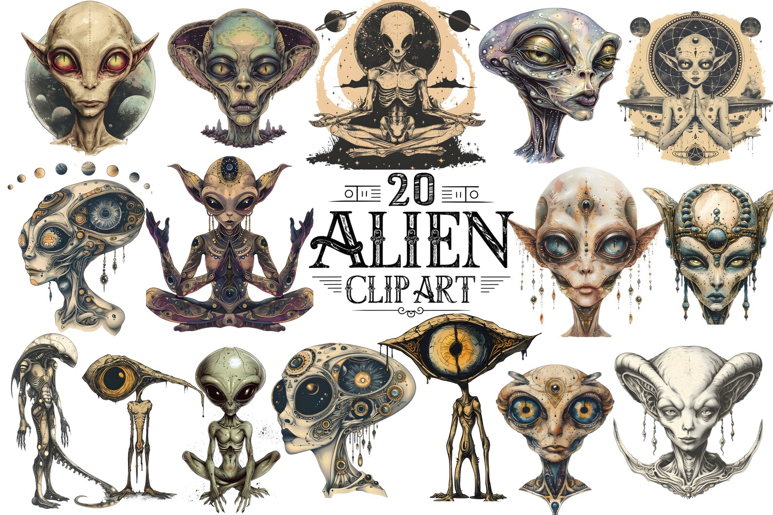 Vintage Alien Clip Art Vintage Aliens Clip Art Alien Digital Art Alien ...