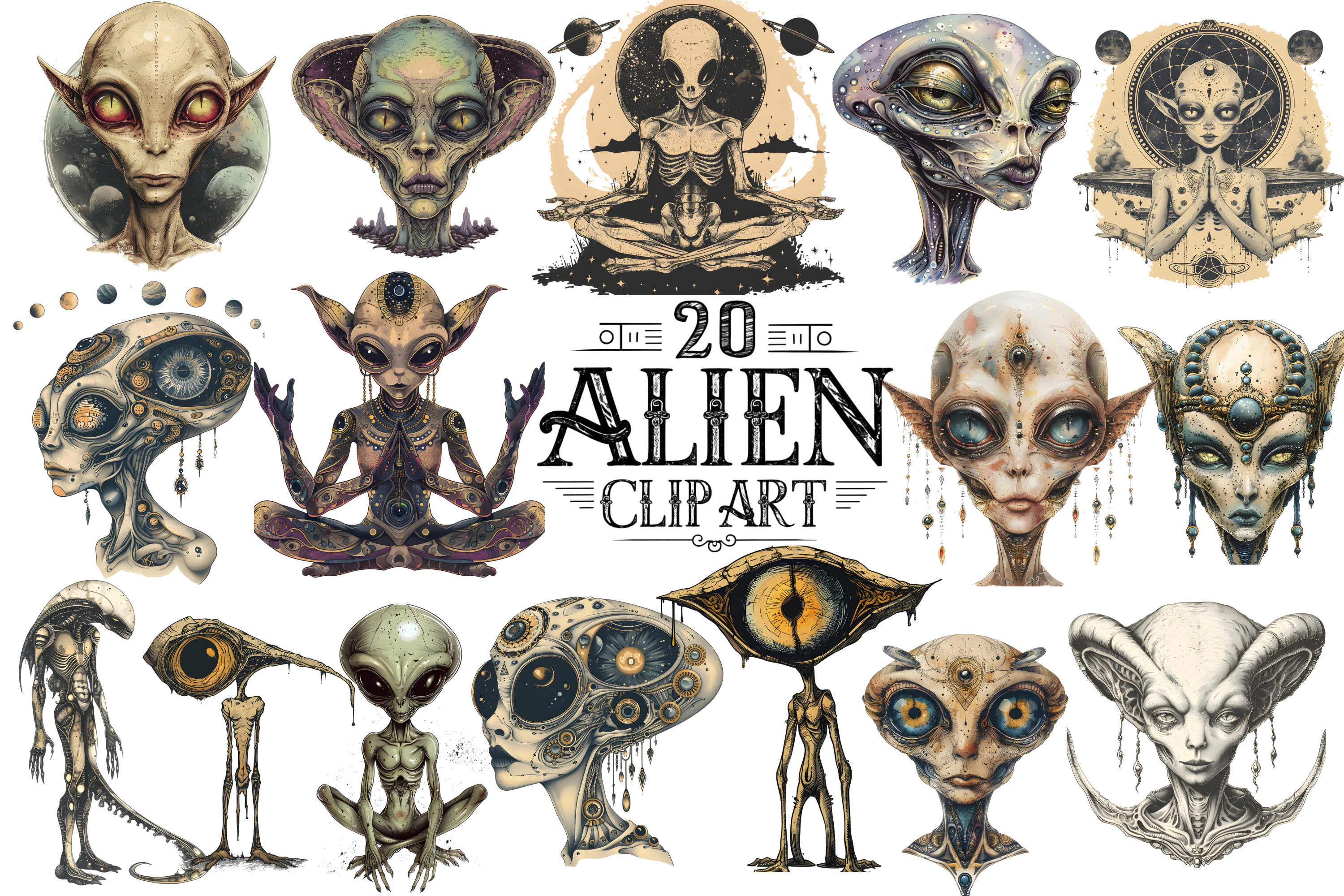 Vintage Alien Clip Art Vintage Aliens Clip Art Alien Digital Art Alien ...