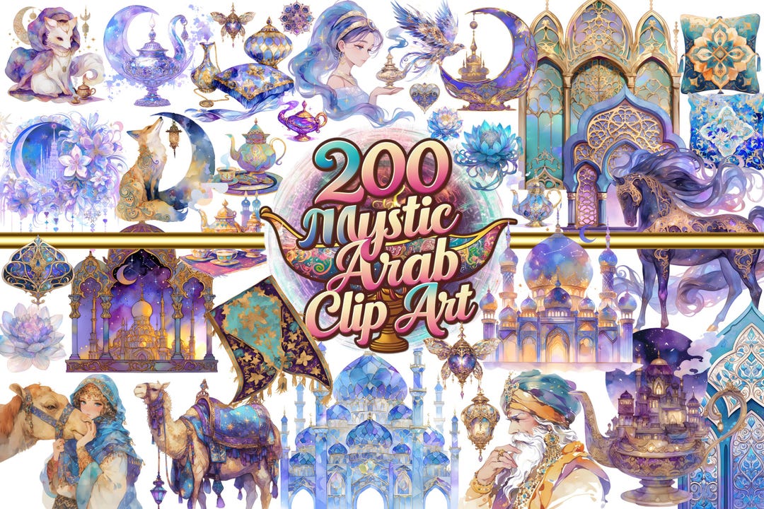 Mystic Arabic Clip Art: 200 Pastel Watercolor PNG Images (digital ...