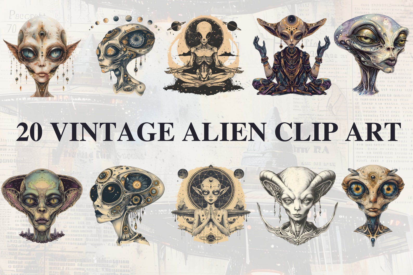 Vintage Alien Clip Art Vintage Aliens Clip Art Alien Digital Art Alien ...