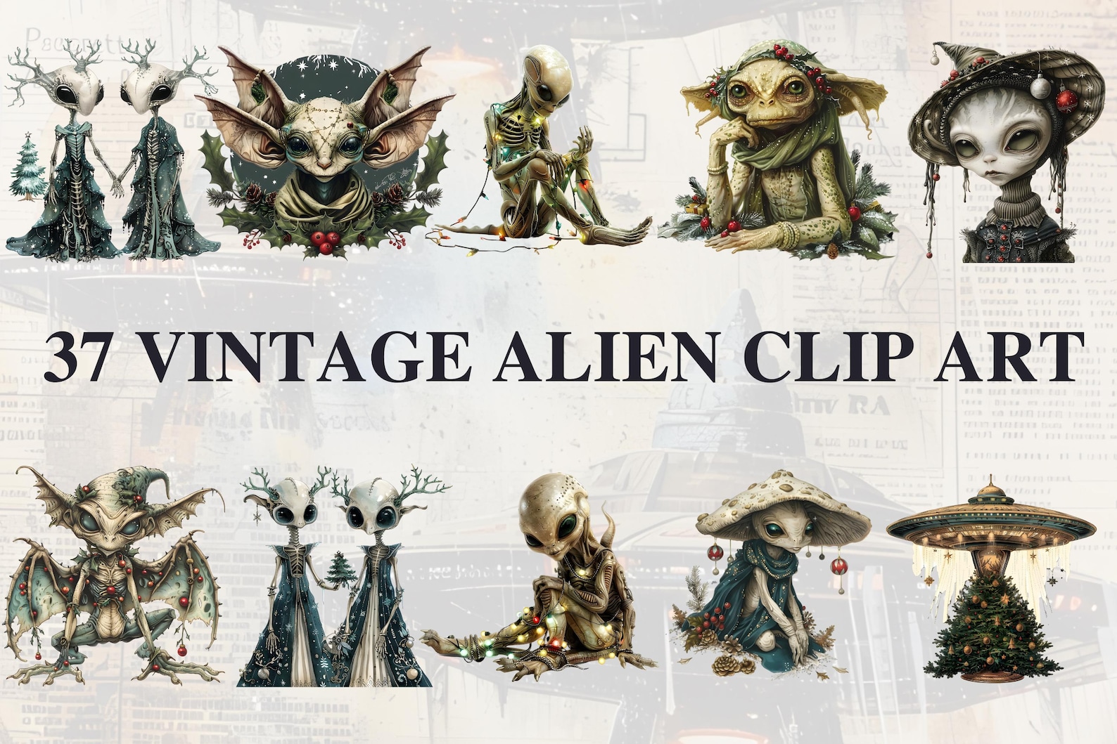 COMMERCIAL USE Alien Christmas Clip Art Vintage Aliens Clip Art Alien ...