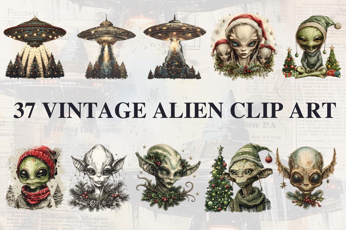 COMMERCIAL USE Alien Christmas Clip Art Vintage Aliens Clip Art Alien ...
