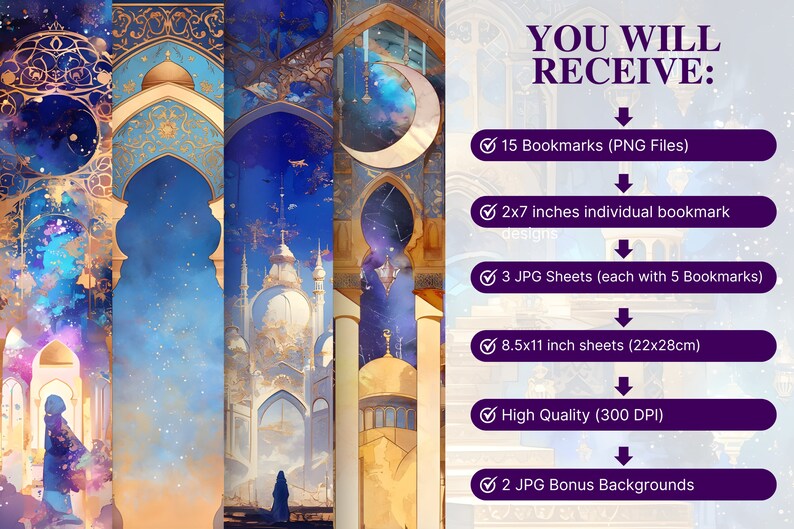 Arabic Digital Bookmark Designs Pastel Islamic Bookmarks Watercolor Arabic Ephemera Celestial ...