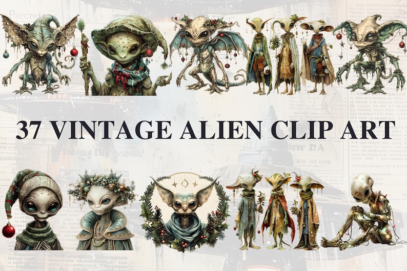 COMMERCIAL USE Alien Christmas Clip Art Vintage Aliens Clip Art Alien ...