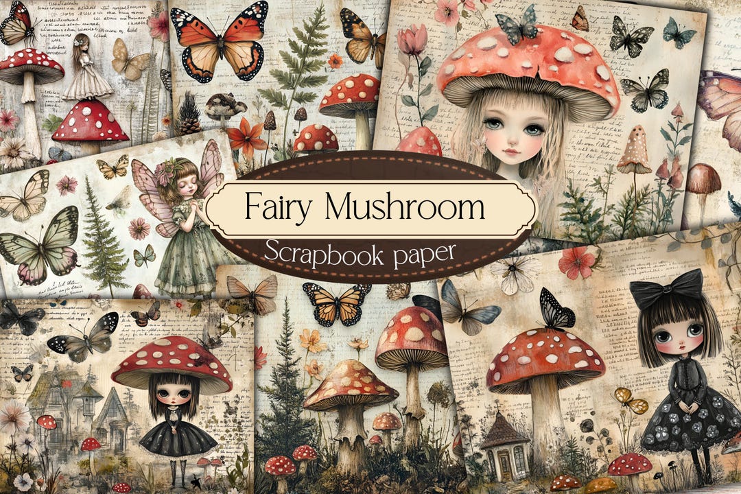 Fairy Mushroom Scrapbook Paper, Rustic Woodland Collage (digital ...