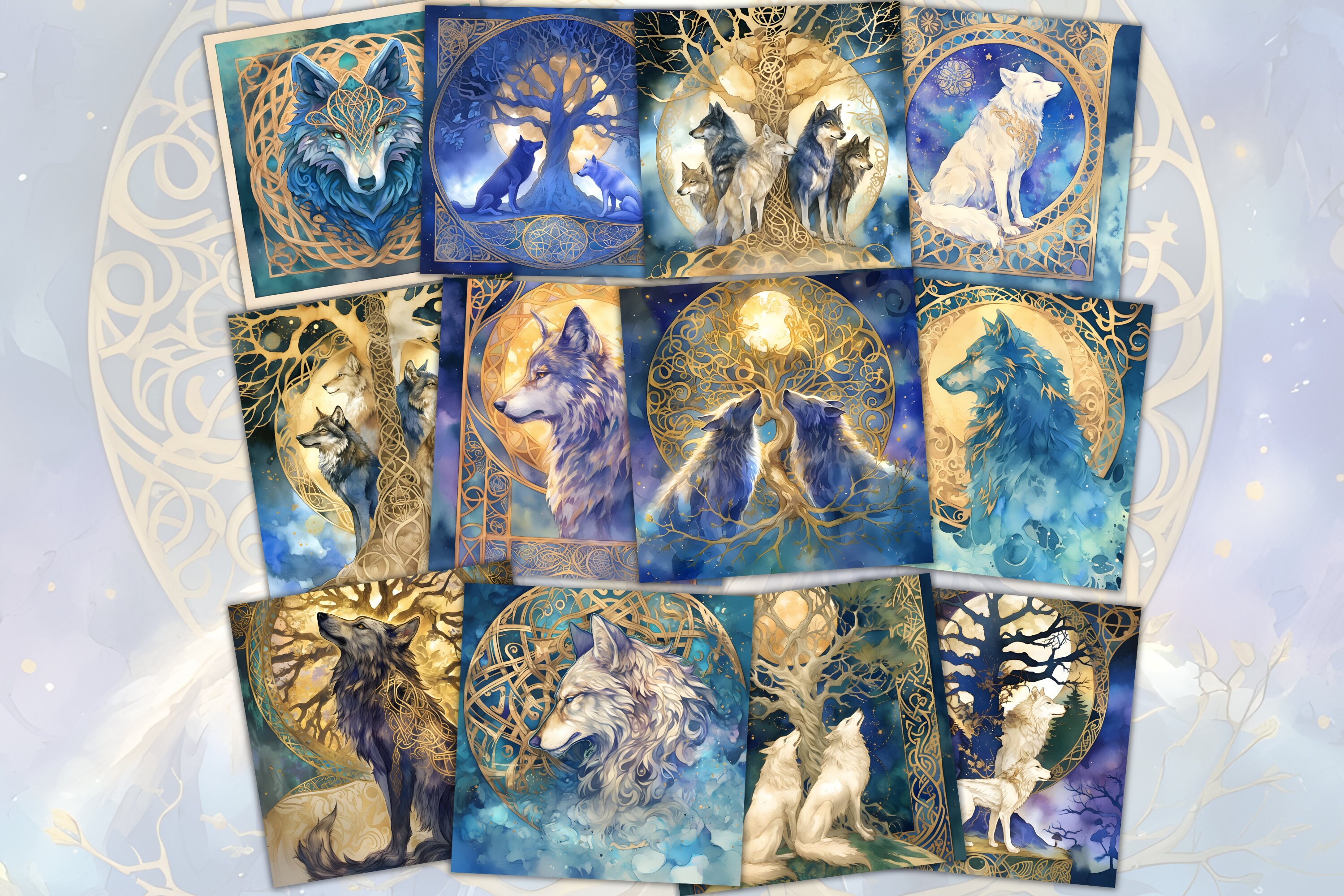 Mystic Wolves Digital Papers Celtic Wolf Printable Paper Bundle Wolf ...