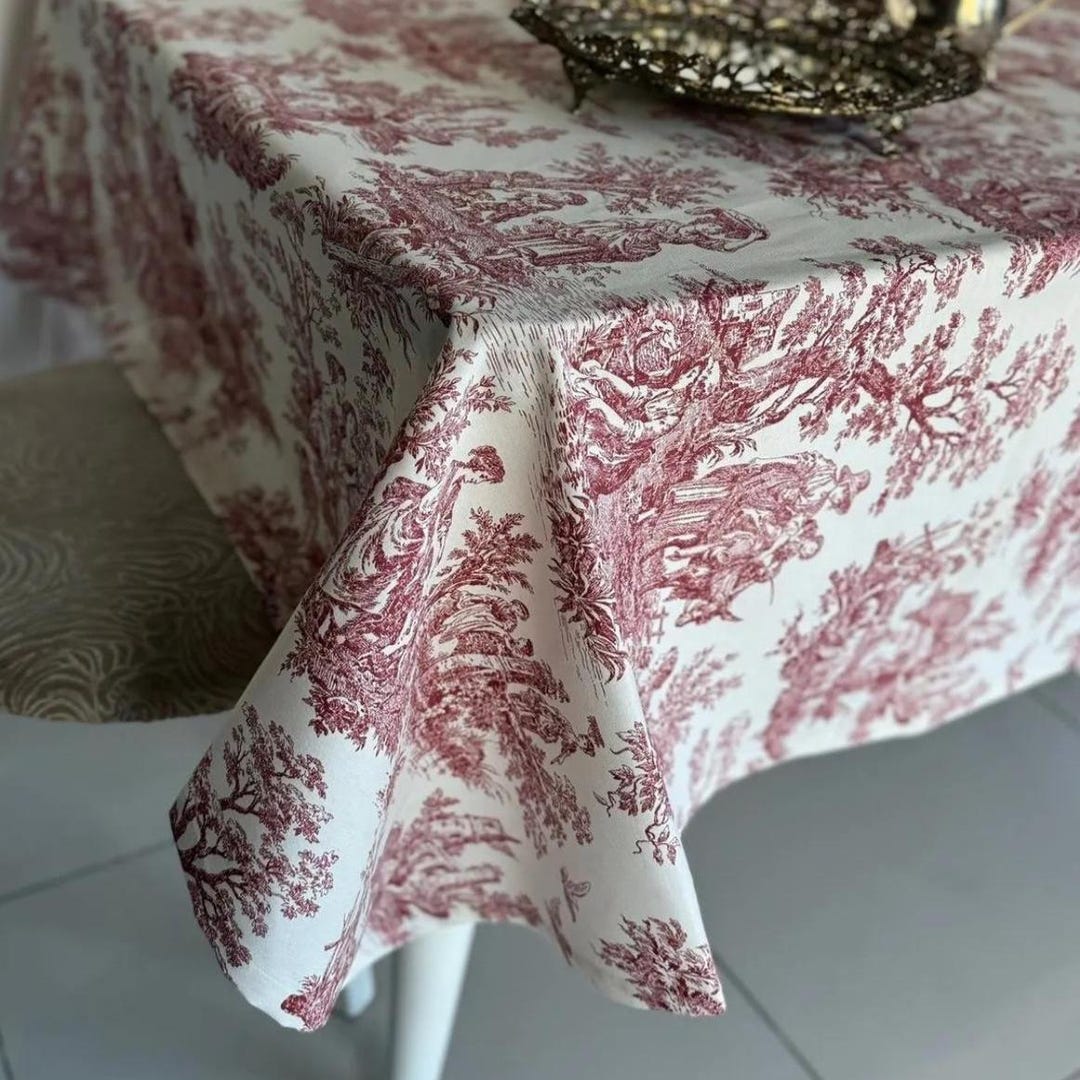 Red Toile Cotton Tablecloth 70x110 – Vintage Chinoiserie Rectangle ...
