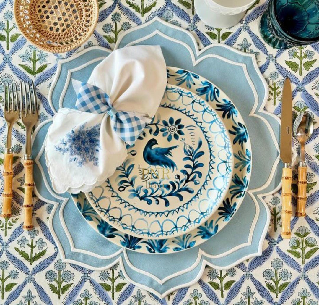 Light Blue Scalloped Placemat, Waterproof Cotton Table Mat, Embroidered ...