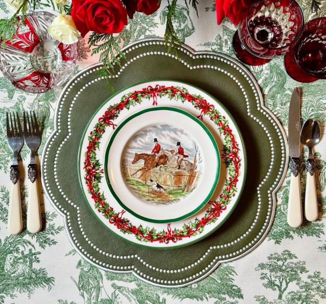 Nurture Green Faux Leather Scalloped Placemat Handmade Embroidered Mat ...