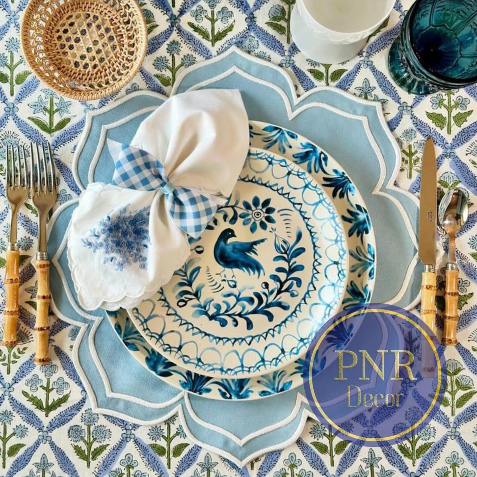 Light Blue Scalloped Placemat, Waterproof Cotton Table Mat, Embroidered ...