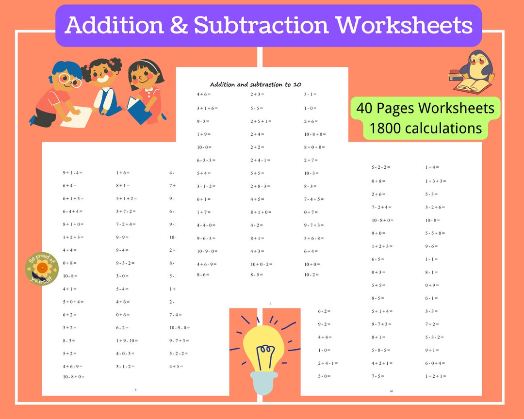 K,G1,G2 Math Worksheets Printable Instant Download Addition Subtraction ...