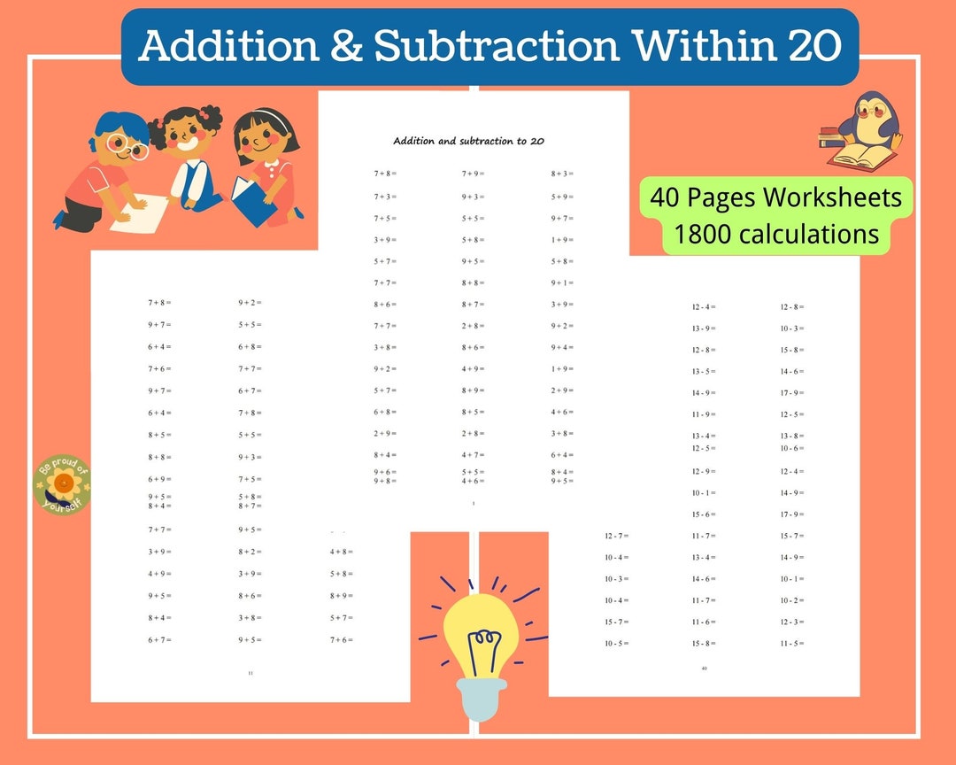 K,G1,G2 Math Worksheets Printable Instant Download Addition Subtraction ...