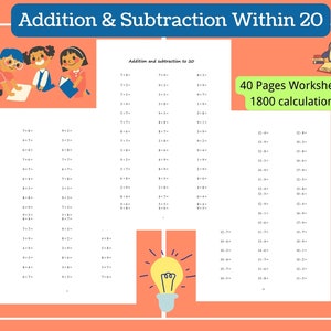 K,G1,G2 Math Worksheets Printable Instant Download Addition Subtraction ...