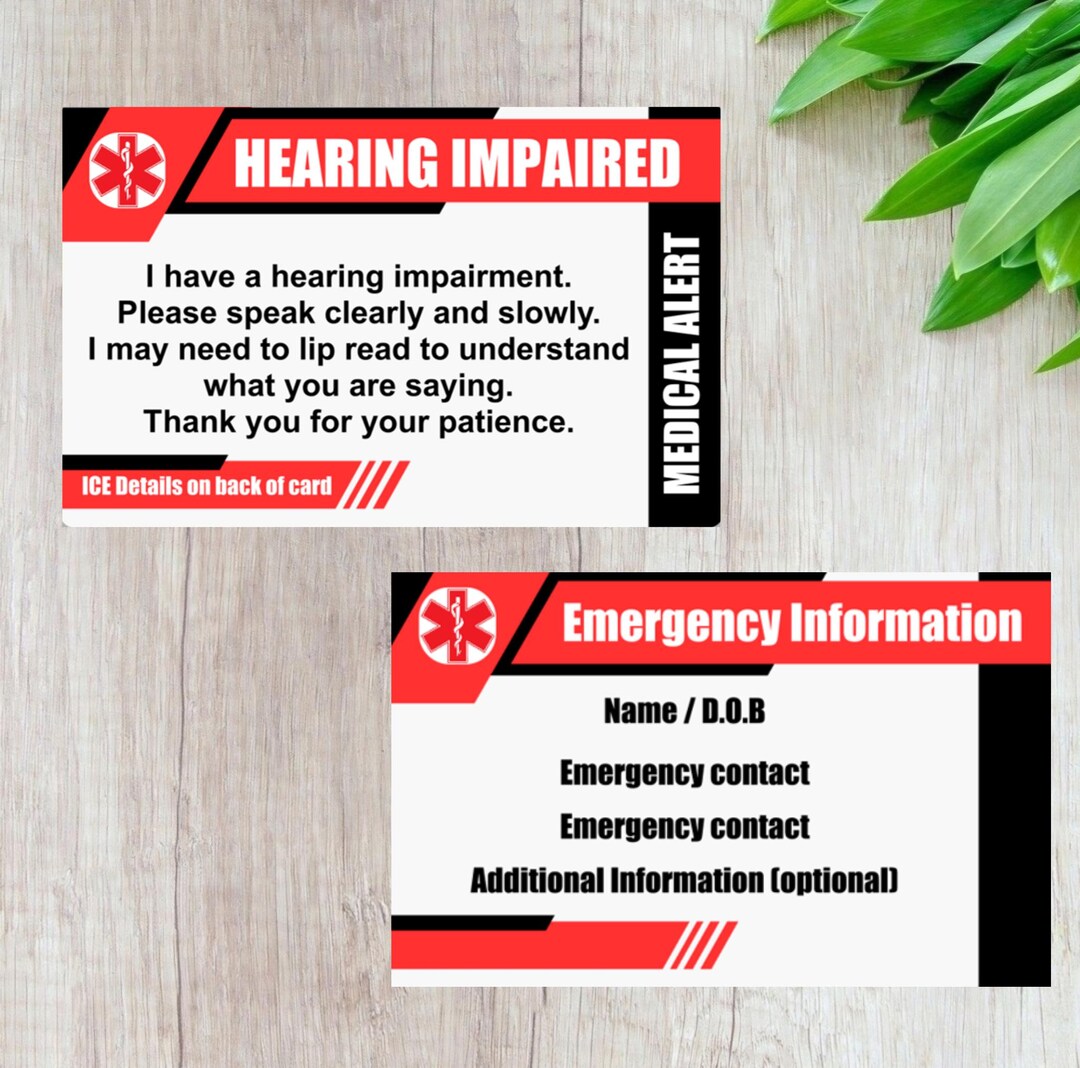 Hearing Impaired Medical Alert Card - Medical Awareness Card With ...