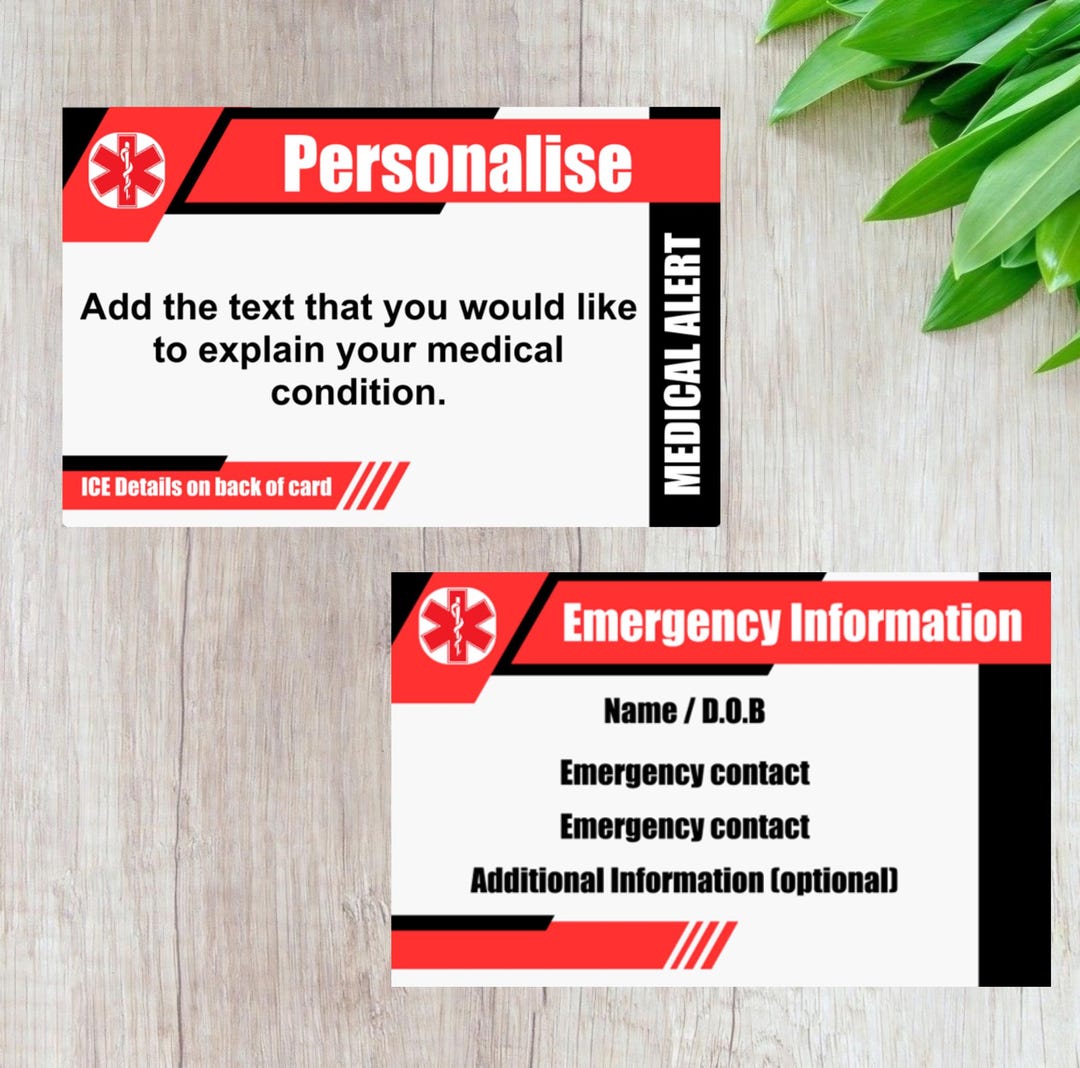 Personalised Medical Alert Card - Medical Awareness Card With Emergency ...