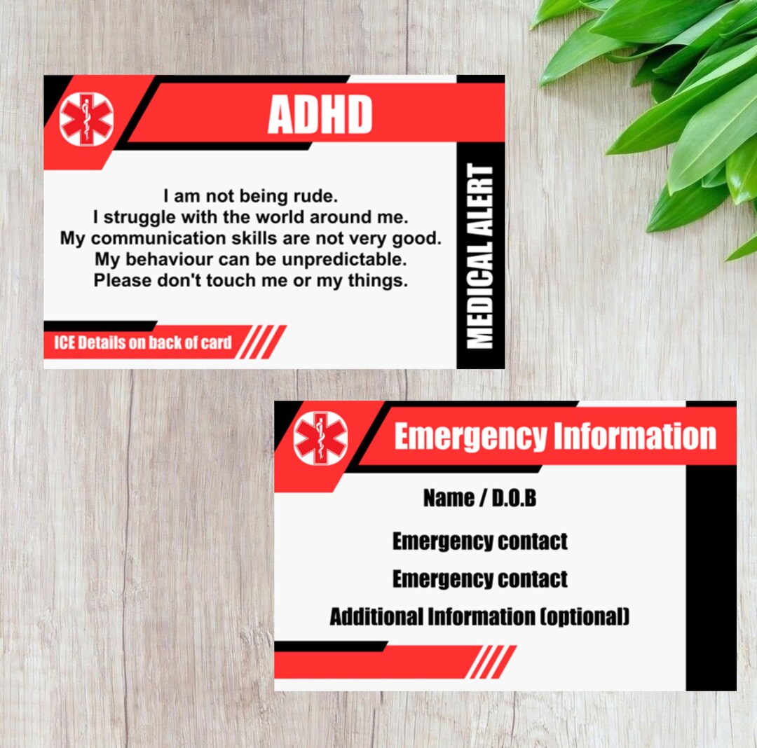 ADHD Medical Alert Card - Medical Awareness Card With Emergency Contact ...