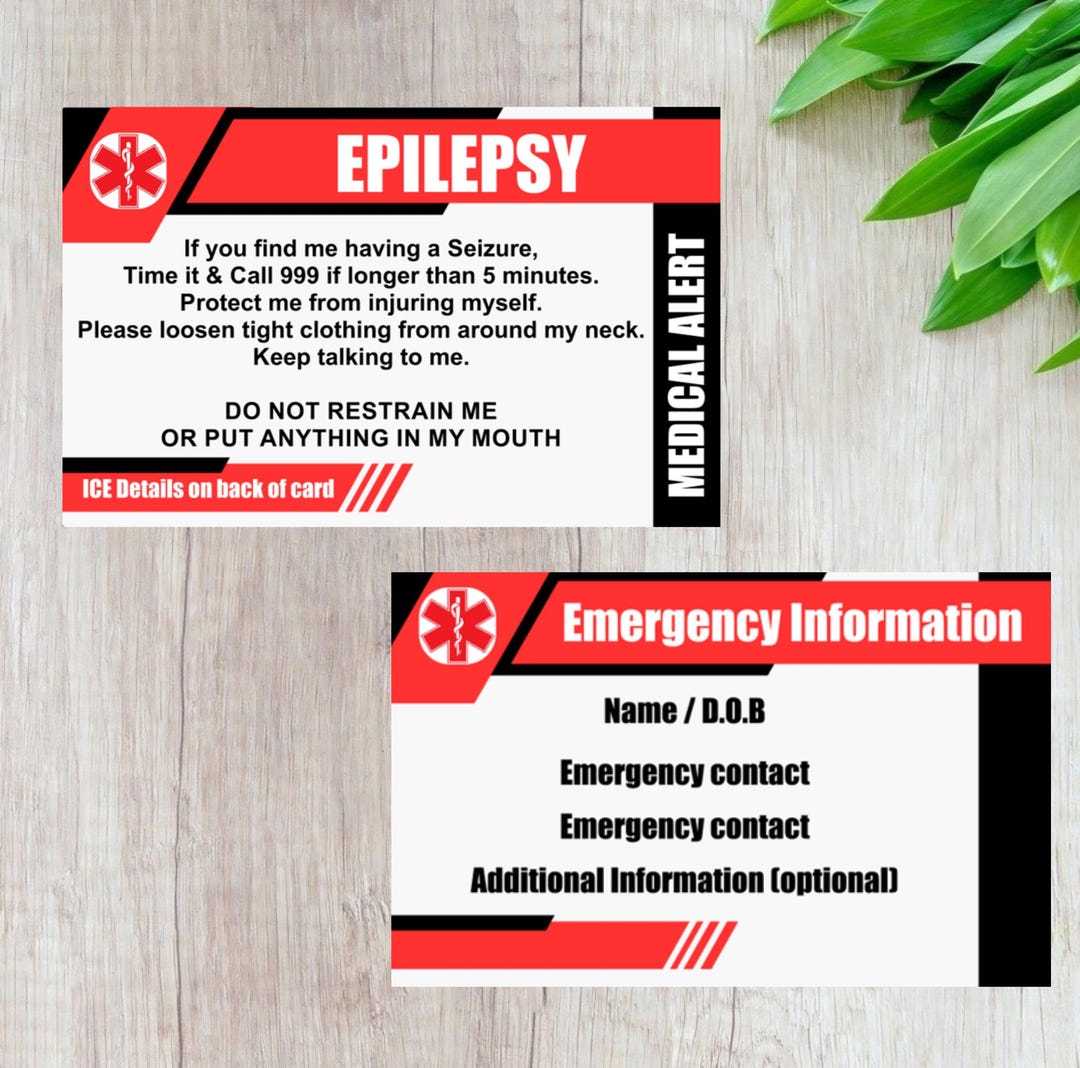 Epilepsy Medical Alert Card - Medical Awareness Card With Emergency ...