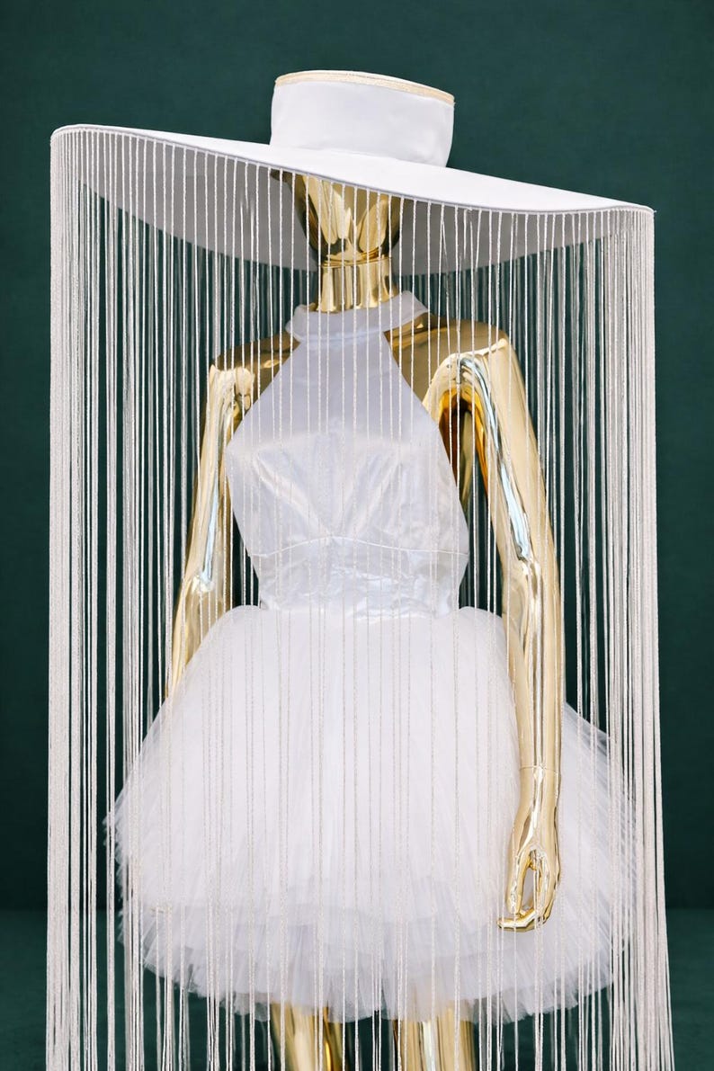 White Fringe Bridal Hat, Modern Statement Headpiece, Tassel Veil ...