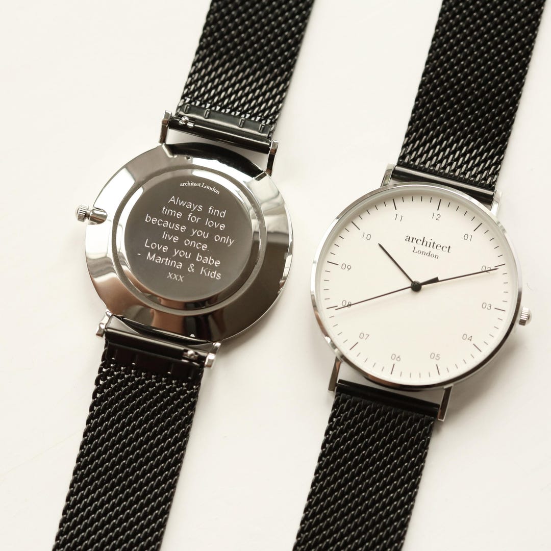 Men's Personalised Watch | Modern Font Engraved | Pitch Black Mesh ...