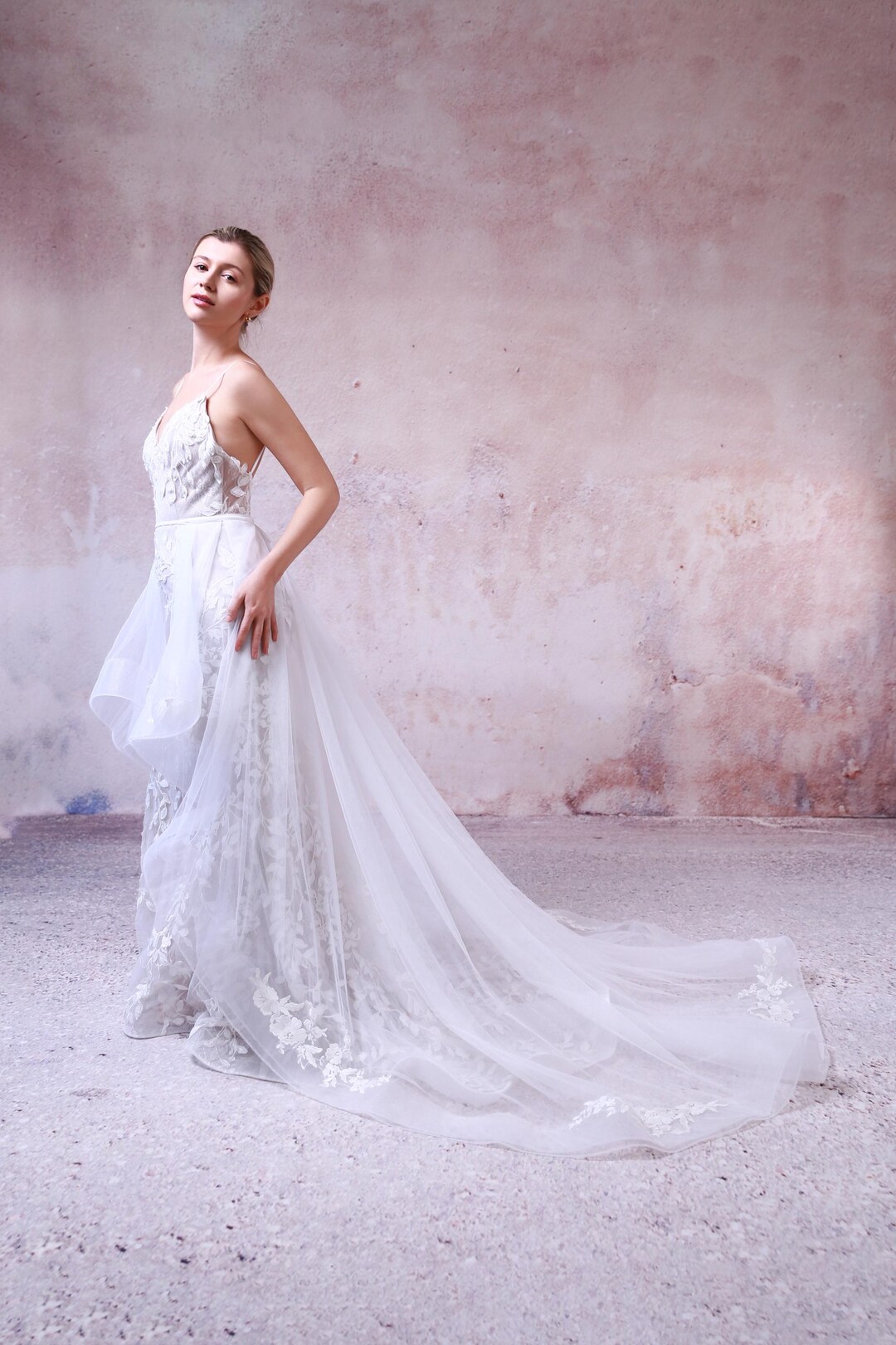 Vanita - Cascade Horsehair Edging Open Front Train, 2 Tier Tulle Train ...