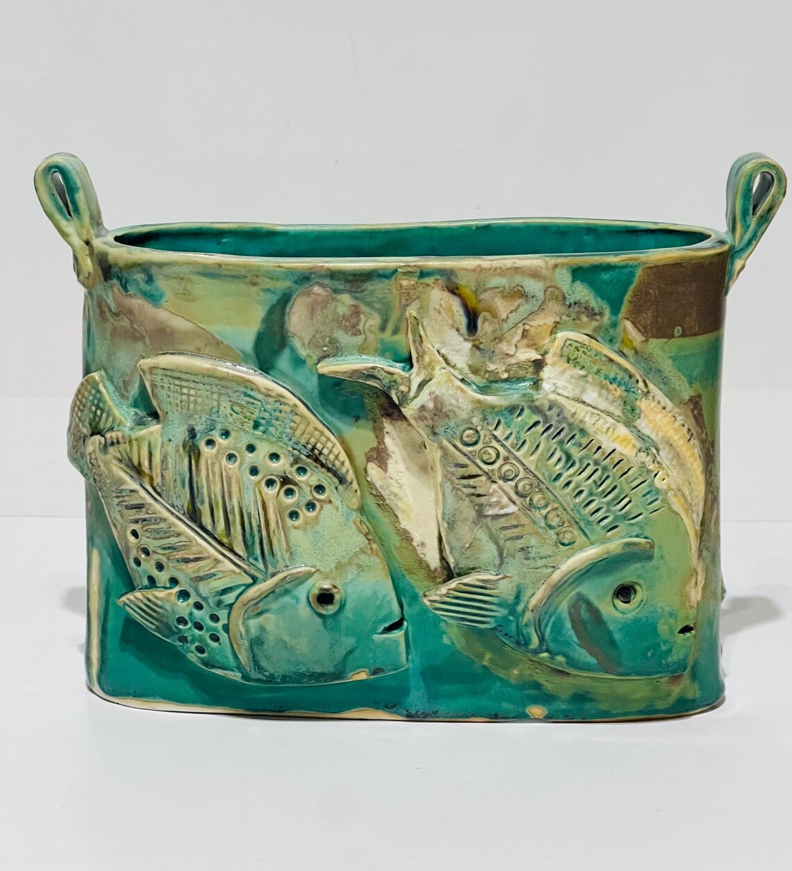 Ceramic Oval Planter With Fishes - Green Glaze - Etsy