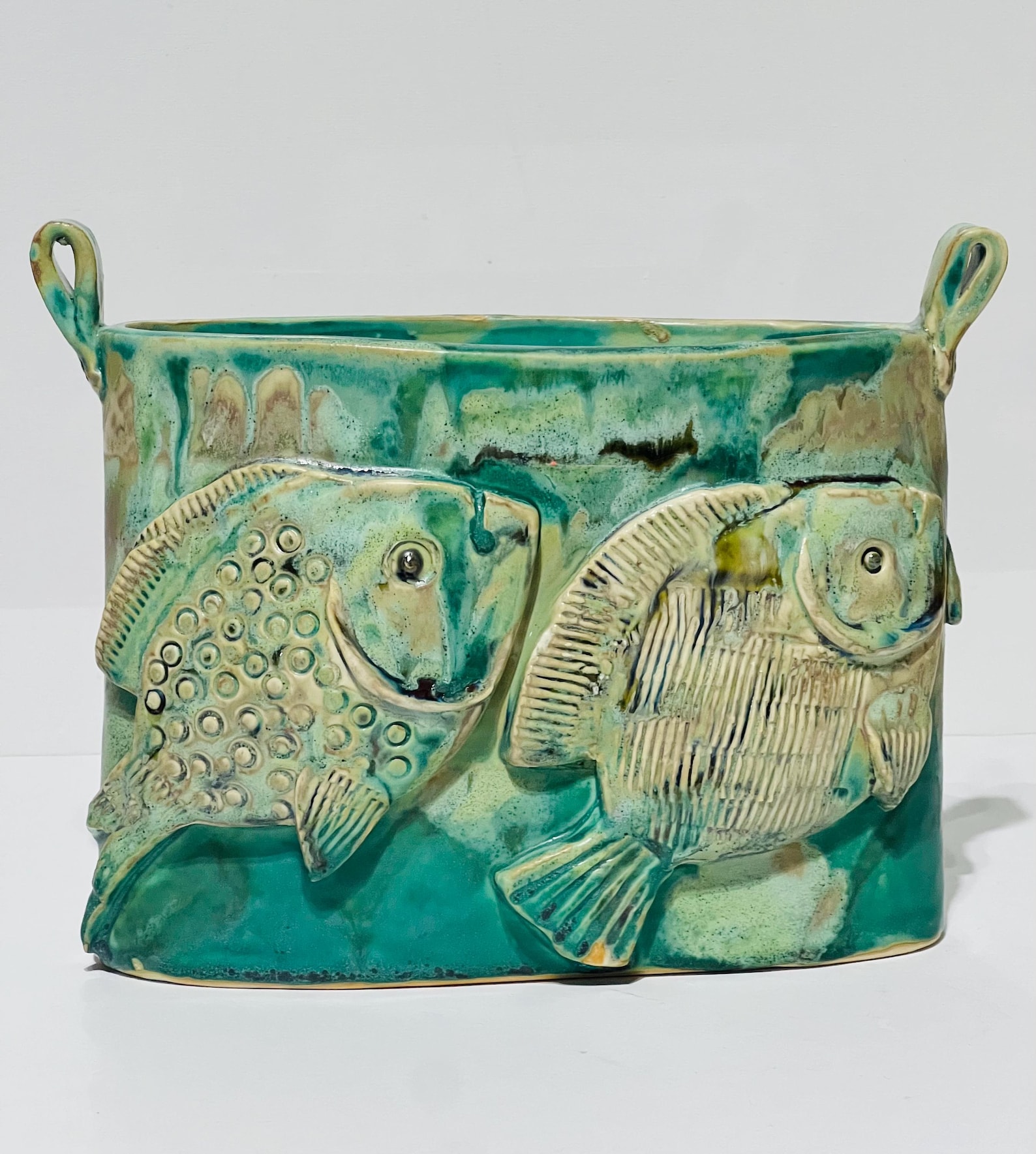 Ceramic Oval Planter With Fishes - Green Glaze - Etsy