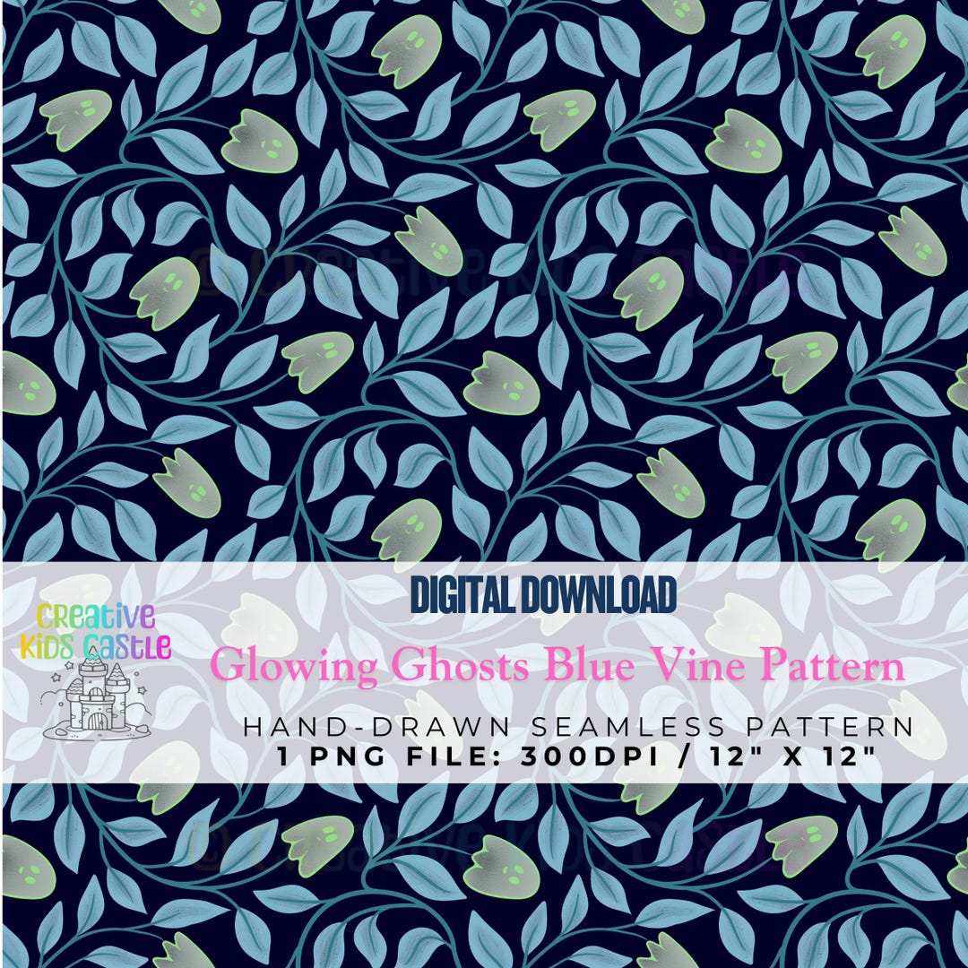 Glowing Ghosts Blue Vine Seamless Pattern, Spooky Botanical Halloween ...