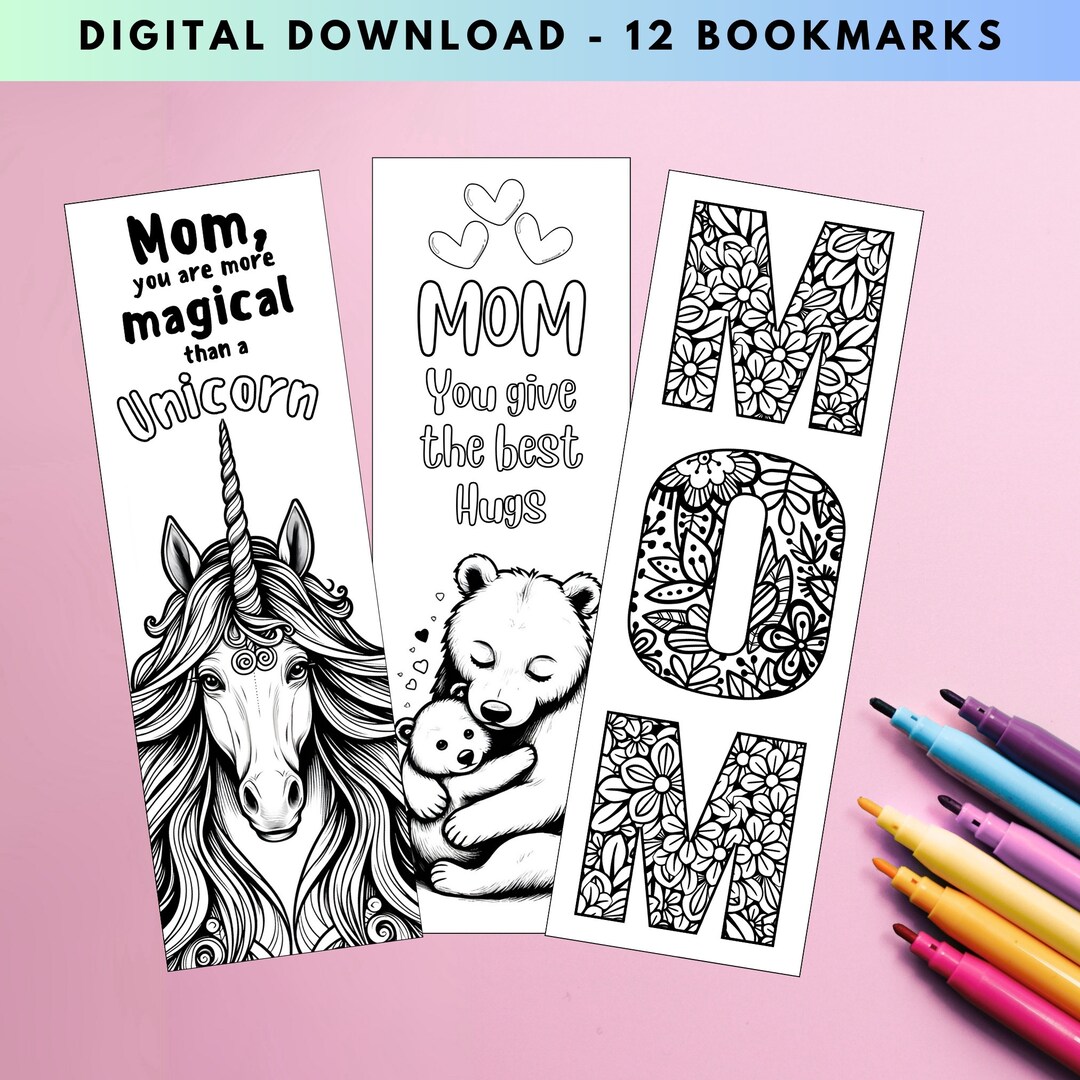 Mother's Day 12 Printable Coloring Bookmarks, DIY Mother's Day Gift for ...