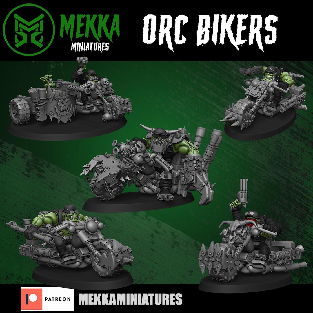 Orc Biker Set, Space-faring Orkish Menace Sculpted by Mekka Miniatures ...