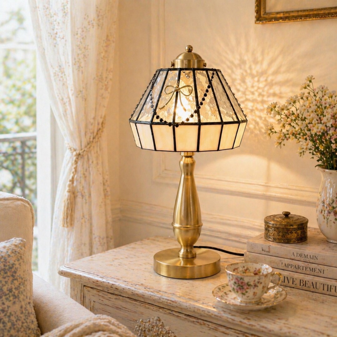 Vintage Stained Glass Table Lamp With Brass Base, Small Bedside Accent ...