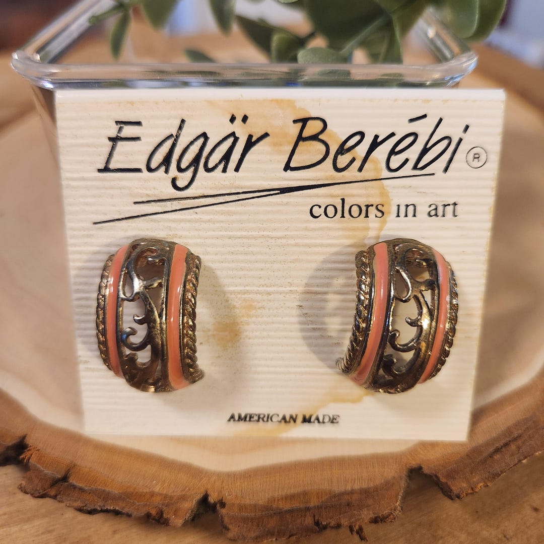 Vintage 80's Retro Edgar Berebi Silver Tone and Pink Scroll Stud ...