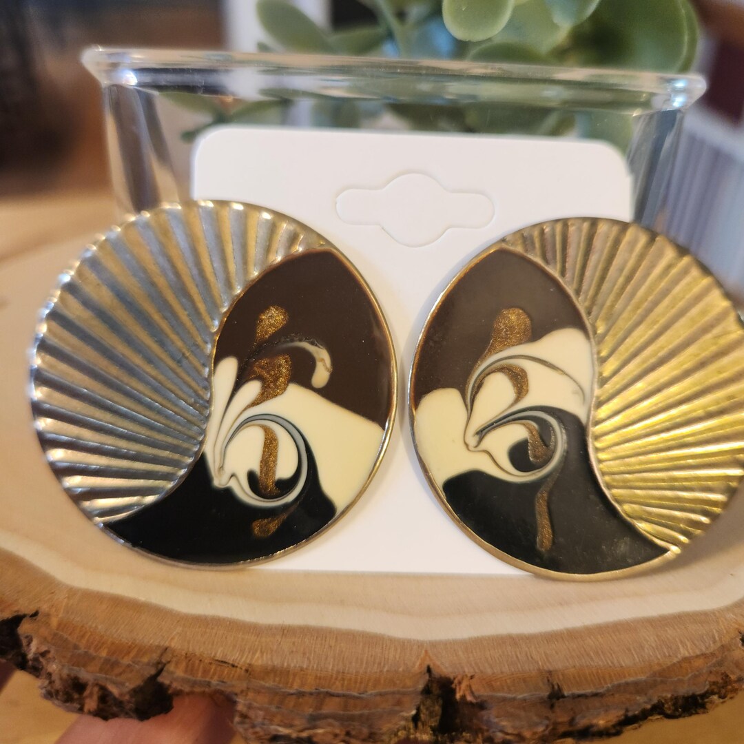 Vintage 80's Retro Round Circle Fan Black Brown Cream Ivory Paint Swirl ...