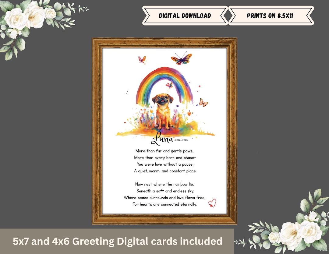 Printable Rainbow Bridge Pug Poem – Memorial Dog Loss Sympathy Card ...