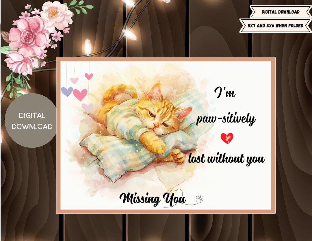 Miss You Card - Lost Without You, Thinking of You, Cute Cat Card ...