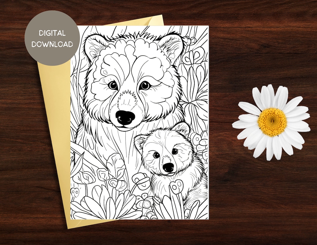 Mothers Day Coloring Page, Bear, Mothers Day Greeting Card, Digital ...