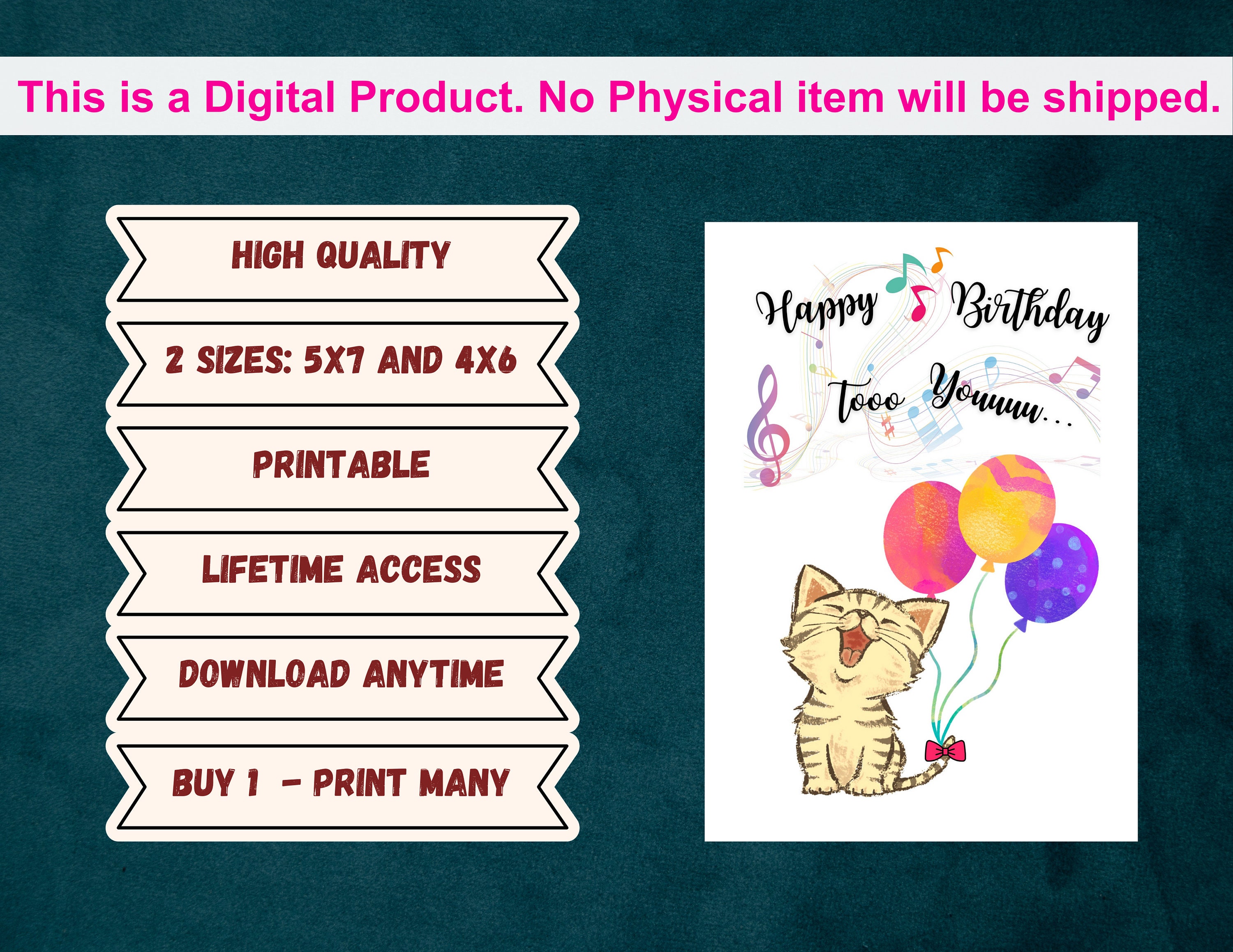 Digital Funny Cat Singing Happy Birthday Card, Printable Greeting 5x7 ...
