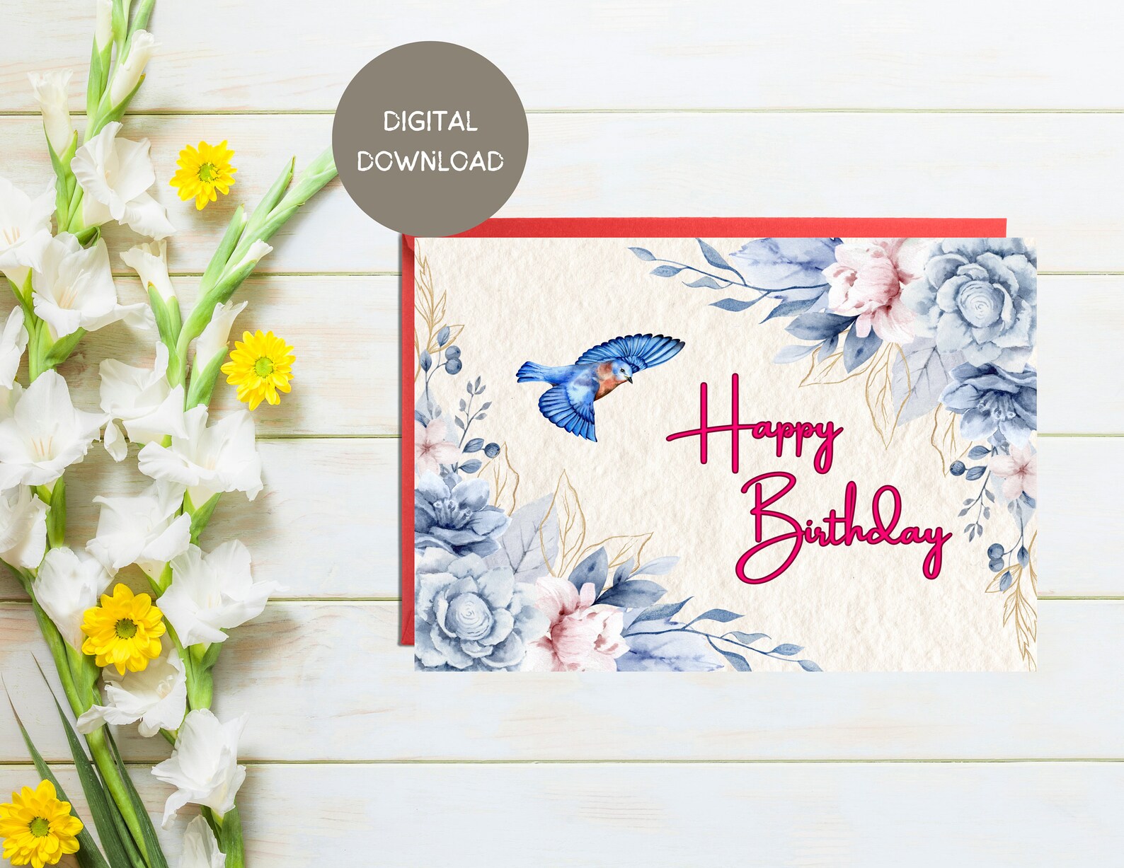 Digital Floral Happy Birthday Card, Digital Printable Vibrant Wild ...