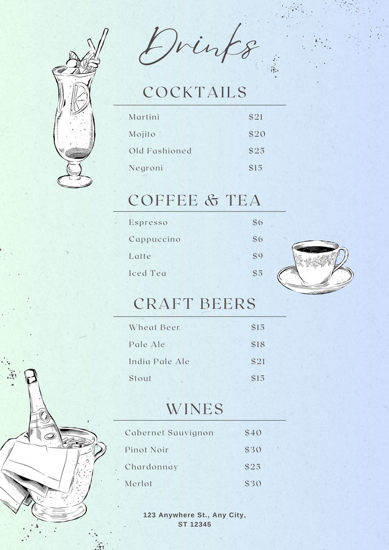Drink Menu Template, Instant Download - Etsy
