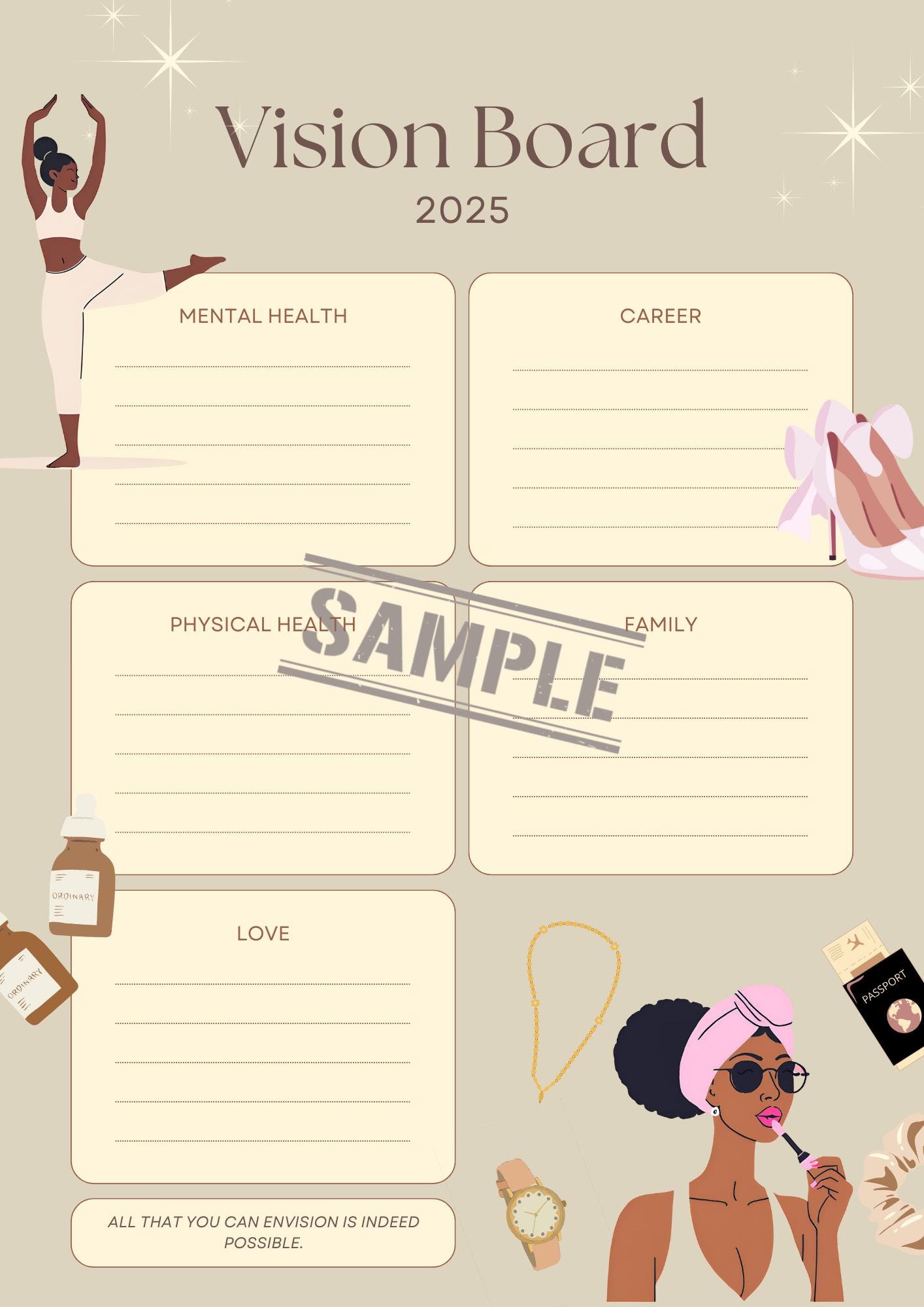 Printable 2025 Vision Board Lined Blank Lists Brown Girl - Etsy