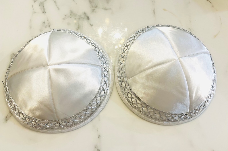 2 Pack White Satin Kippot With Circular Silver Trim Detail. - Etsy