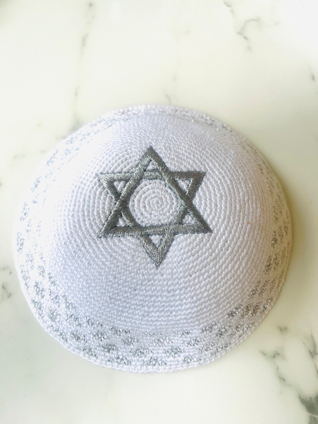 White Knit Kippah With Silver Edge Detail and Star of David in Center ...