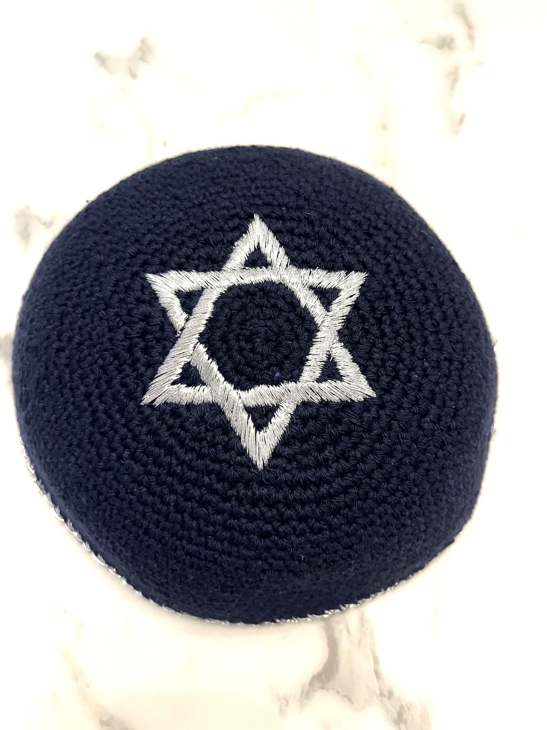 Navy Knit Kippah With Silver Edge Detail and Star of David in Center - Etsy