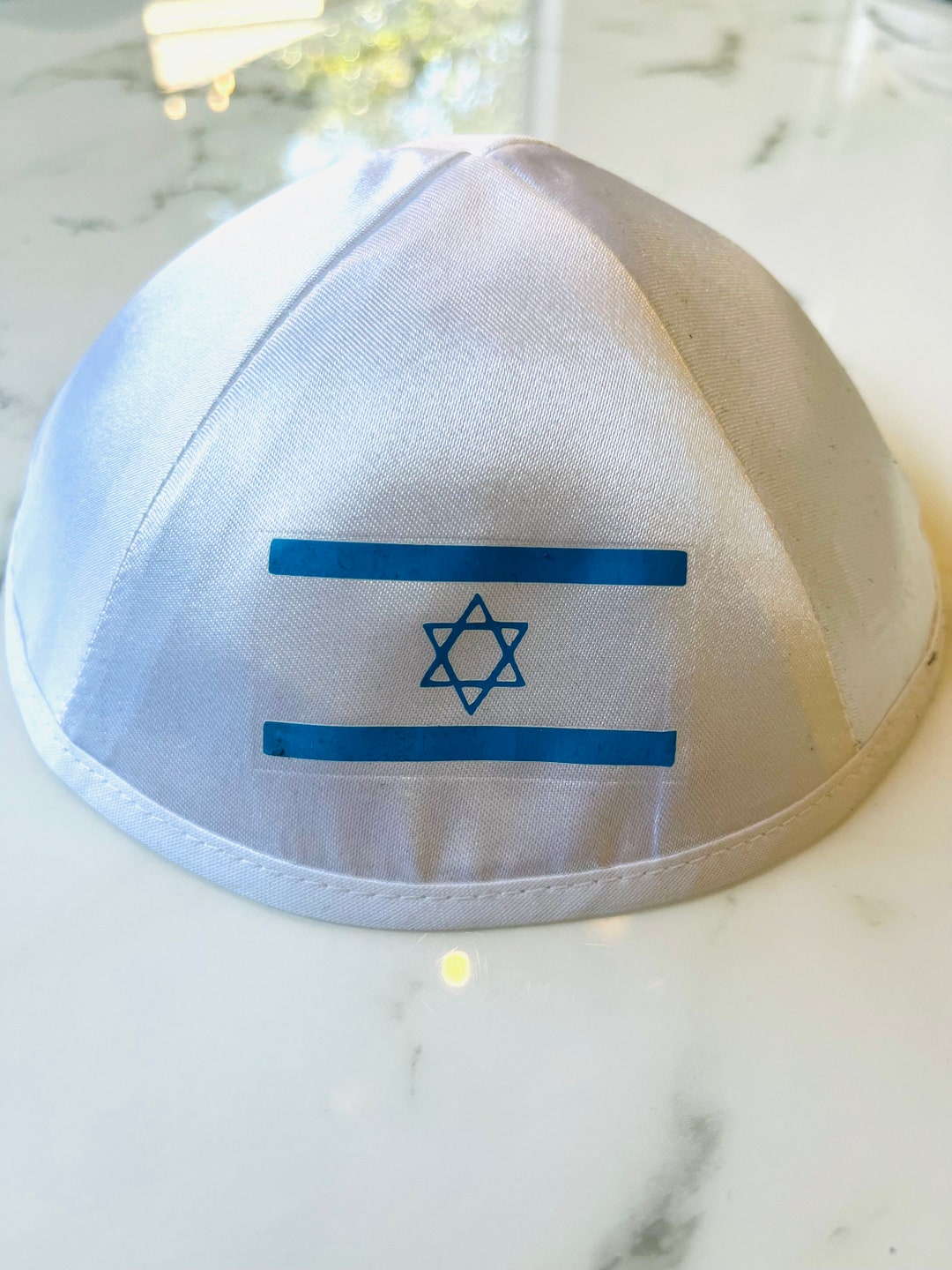White Satin Kippah With Israeli Flag - Etsy