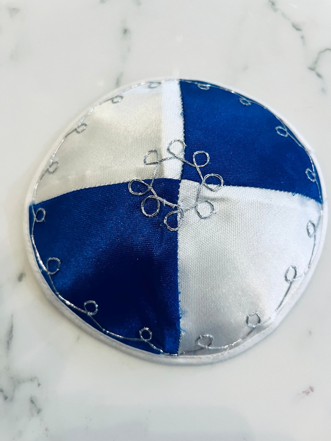 Blue and White Satin Kippah With Silver Design and Trim - Etsy