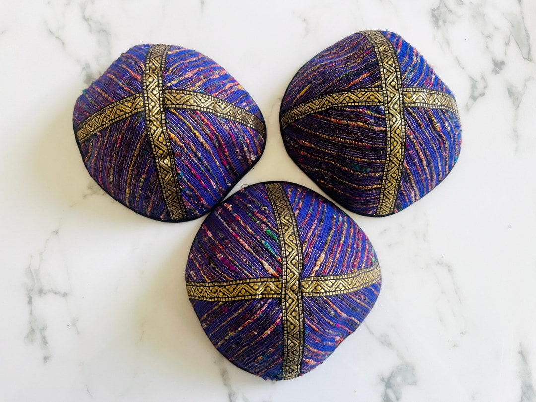 3 Pack Multicolor Purple Metallic Kippah With Gold Trim. - Etsy
